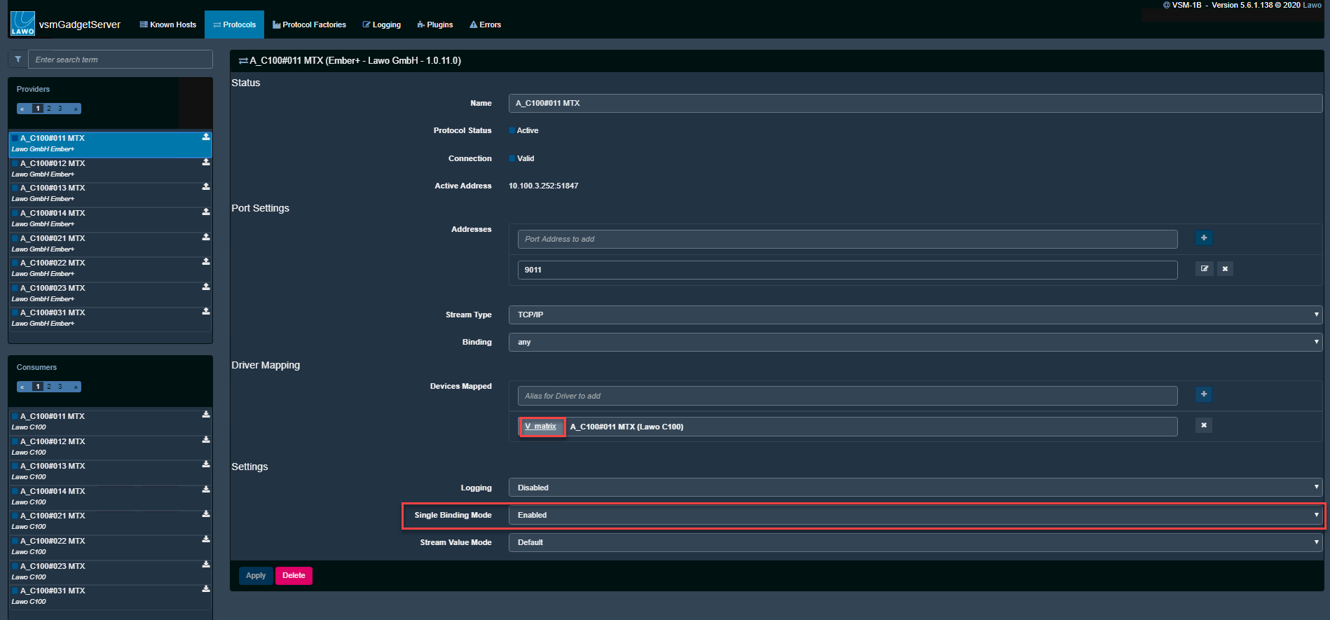 Driver - JSON via Websocket (Lawo V_matrix C100)